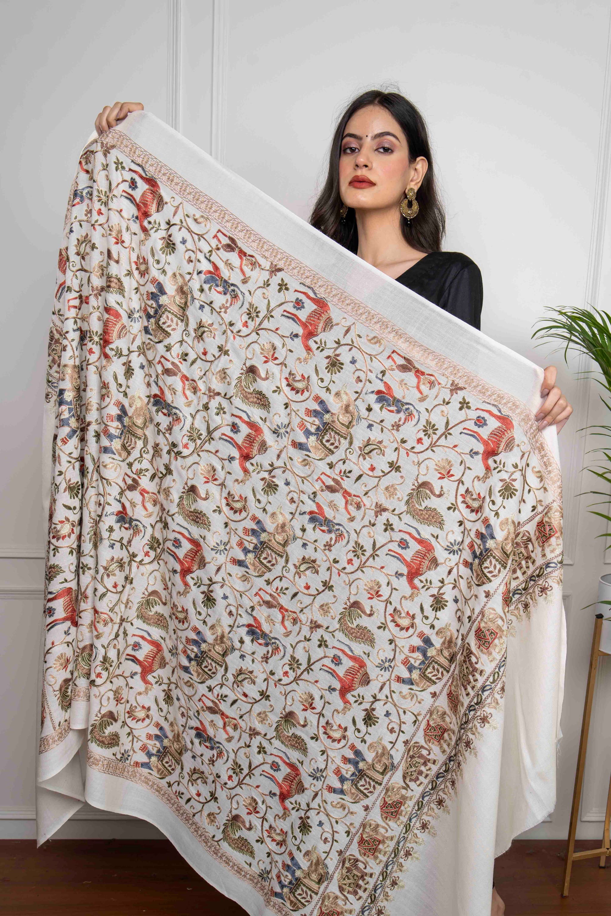 White Elephant and Peacock Motifs Jaal Nalki embroidery Fine Wool Blen