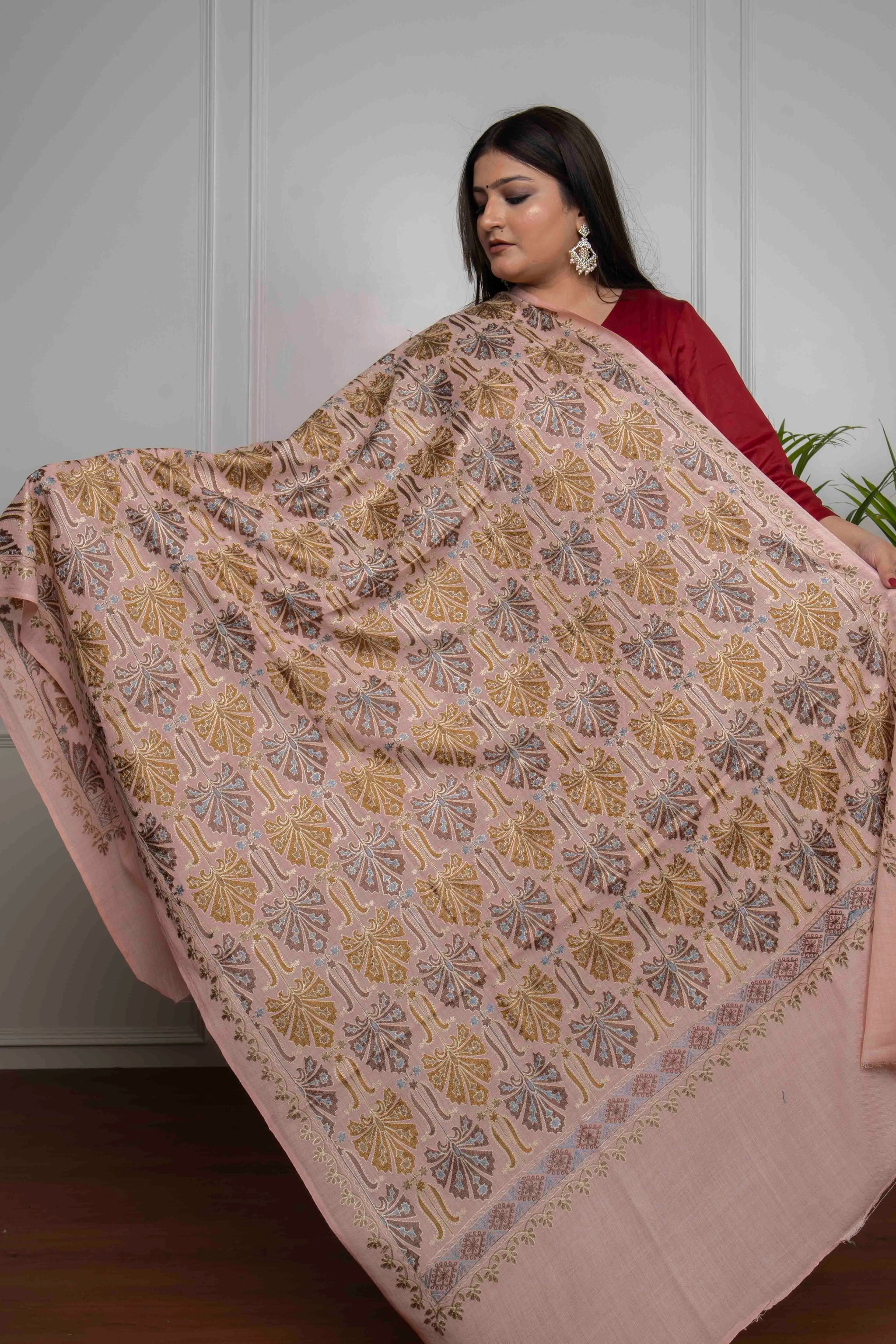 Peach Chinaar Patta Jaal Nalki embroidery Fine Wool Blend Shawl