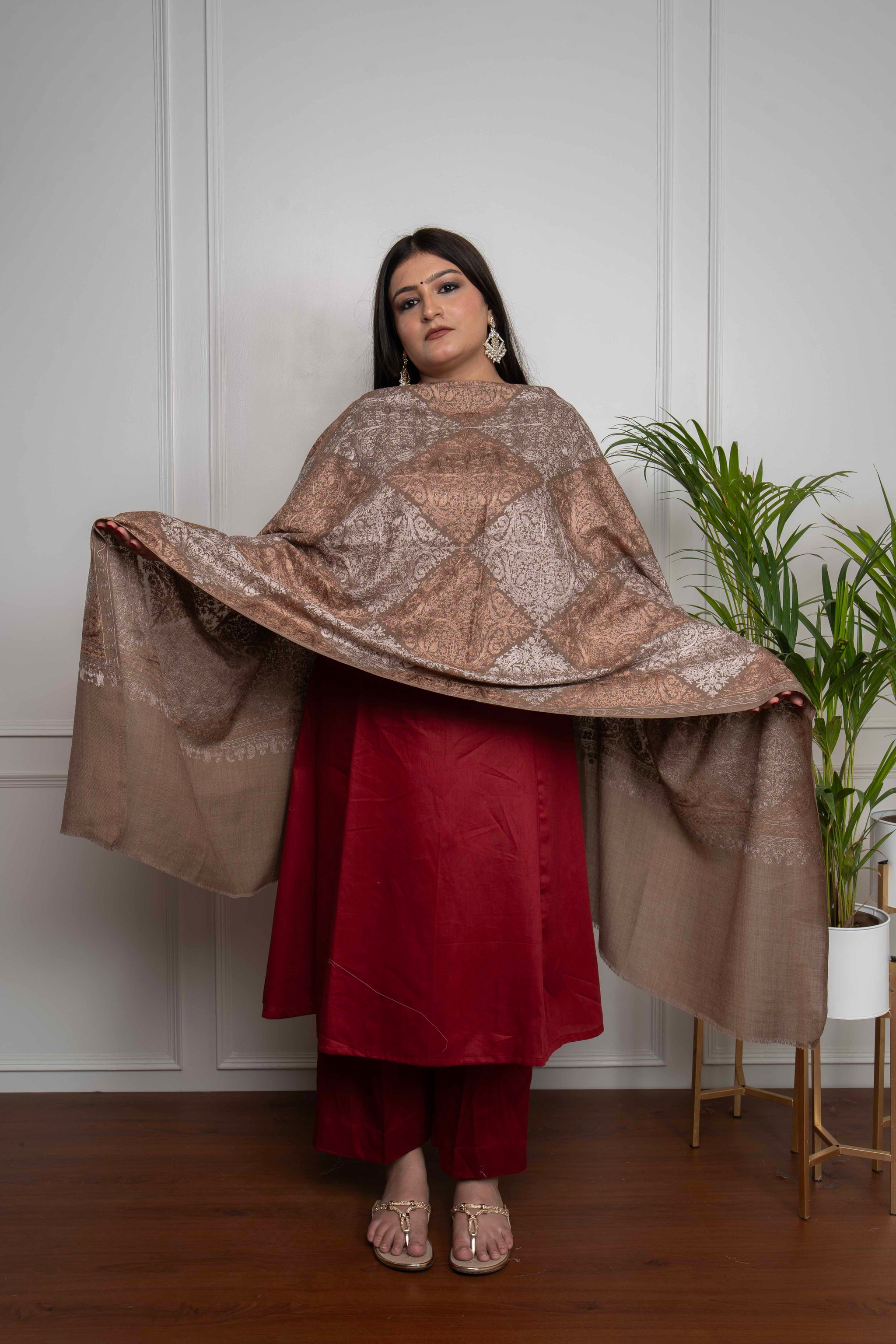 Brown Barfi Dual Tone Nalki embroidery Fine Wool Blend Stole